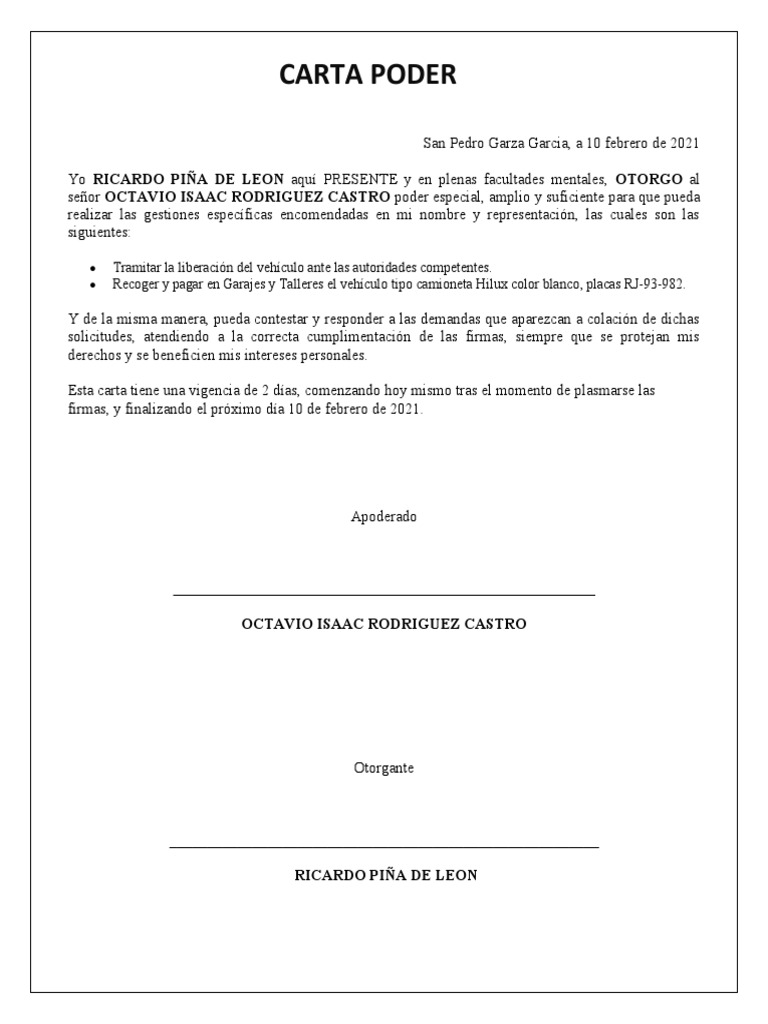 Poder Simple para Tramites Vehiculares | PDF