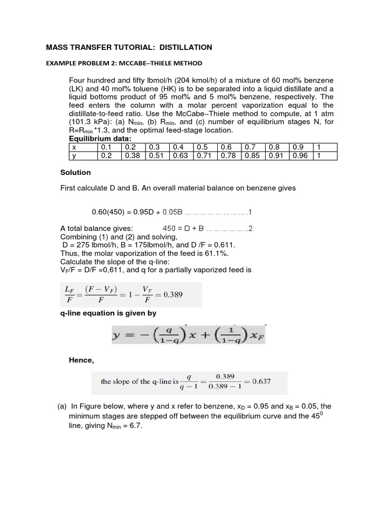 Mass Transfer Tutorial: Distillation Example Problem 2: Mccabe-Thiele Method | PDF ...