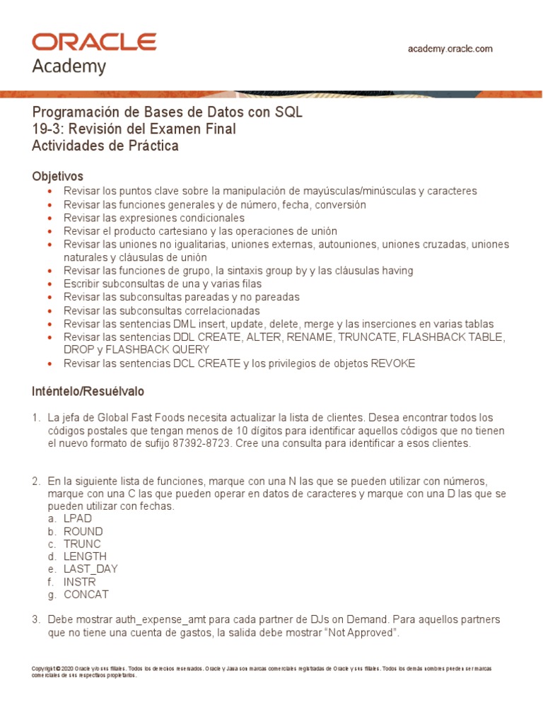 DP 19 3 Practice Esp | PDF | SQL | Gestión de tecnología de la información