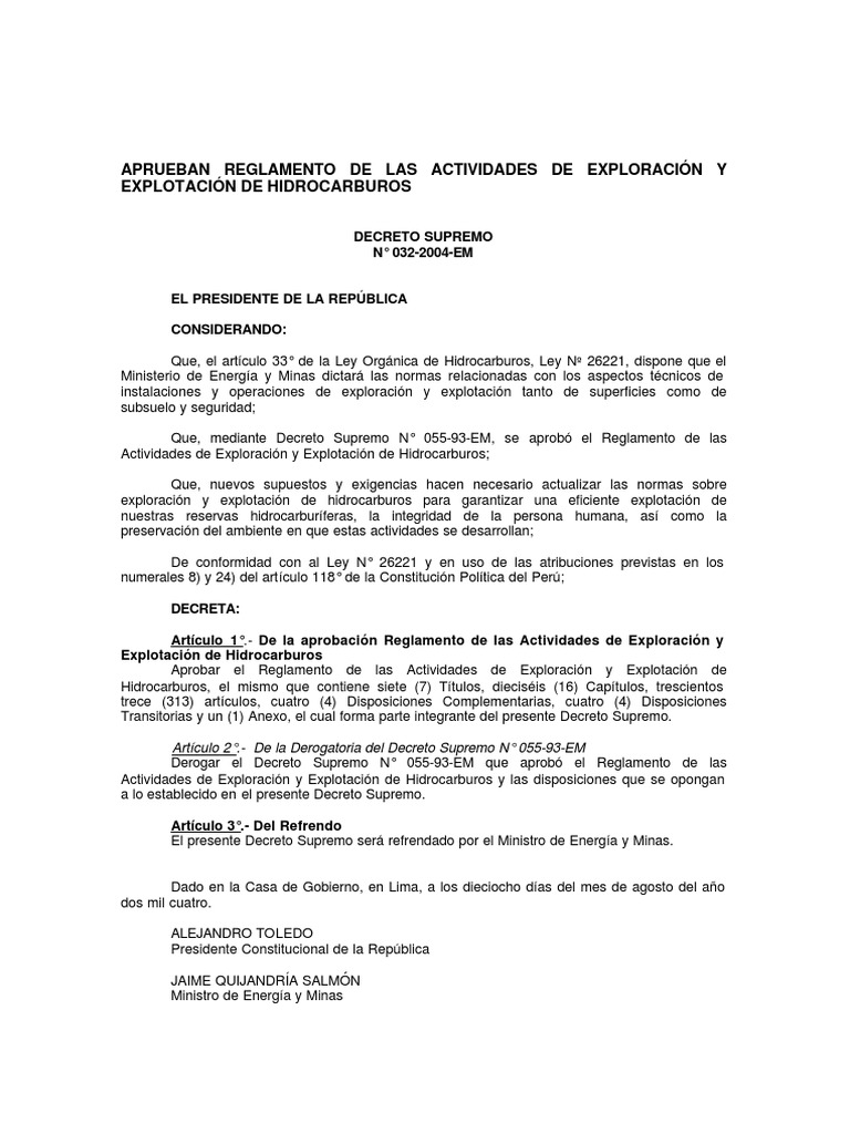DS 032-2004-EM Exploraciòn & Explotaciòn de Hidrocarburos | PDF | Petróleo | Agua