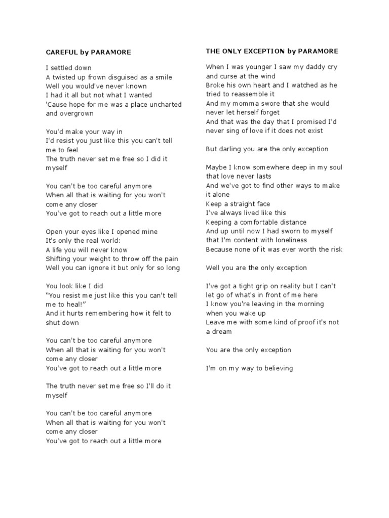 Careful by Paramore The Only Exception by Paramore | PDF