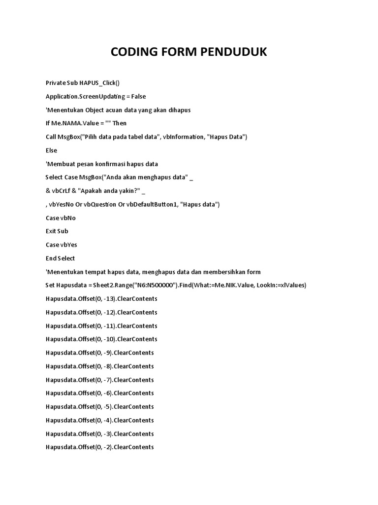 Coding Form Penduduk | PDF
