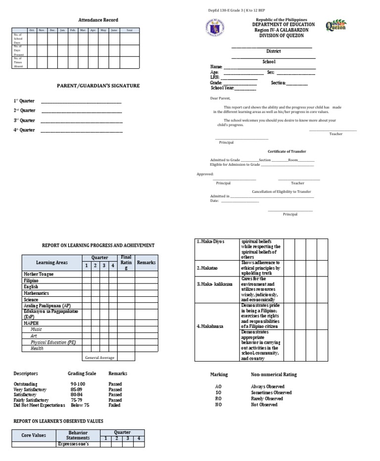 SF 9 - ES ( (Learner's Progress Report Card) | PDF | Learning | Human ...