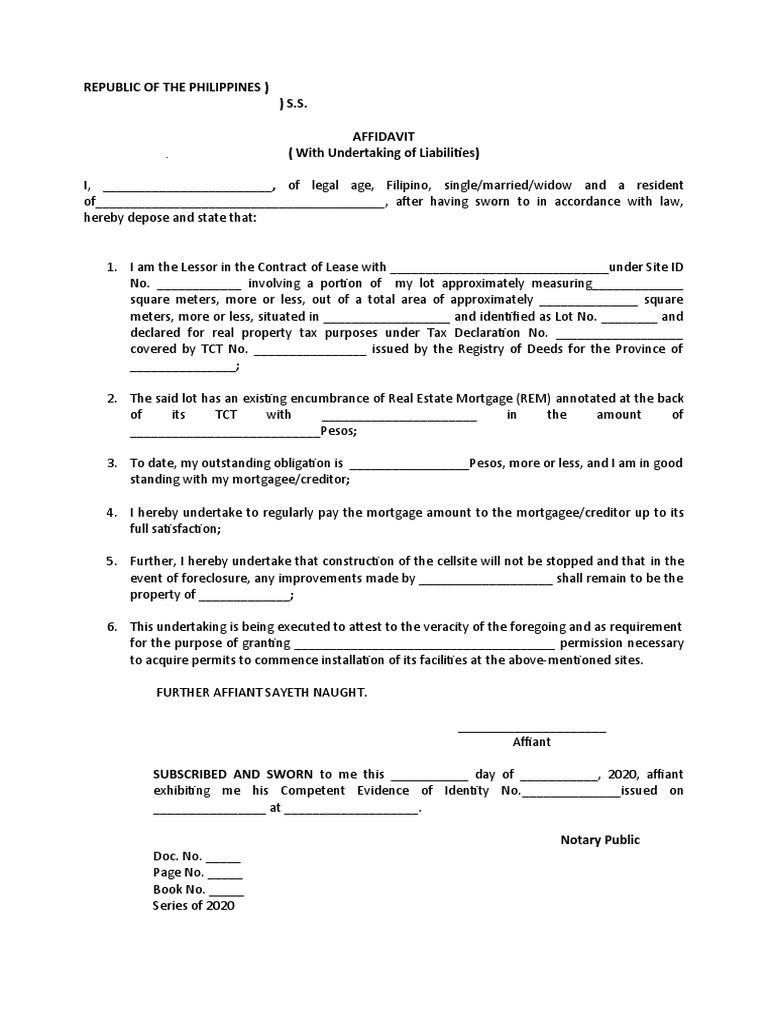 Affidavit of Undertaking With Good Standing - TE | PDF | Mortgage Law ...