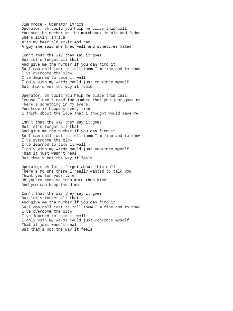Jim Croce - Operator Lyrics Analysis | PDF