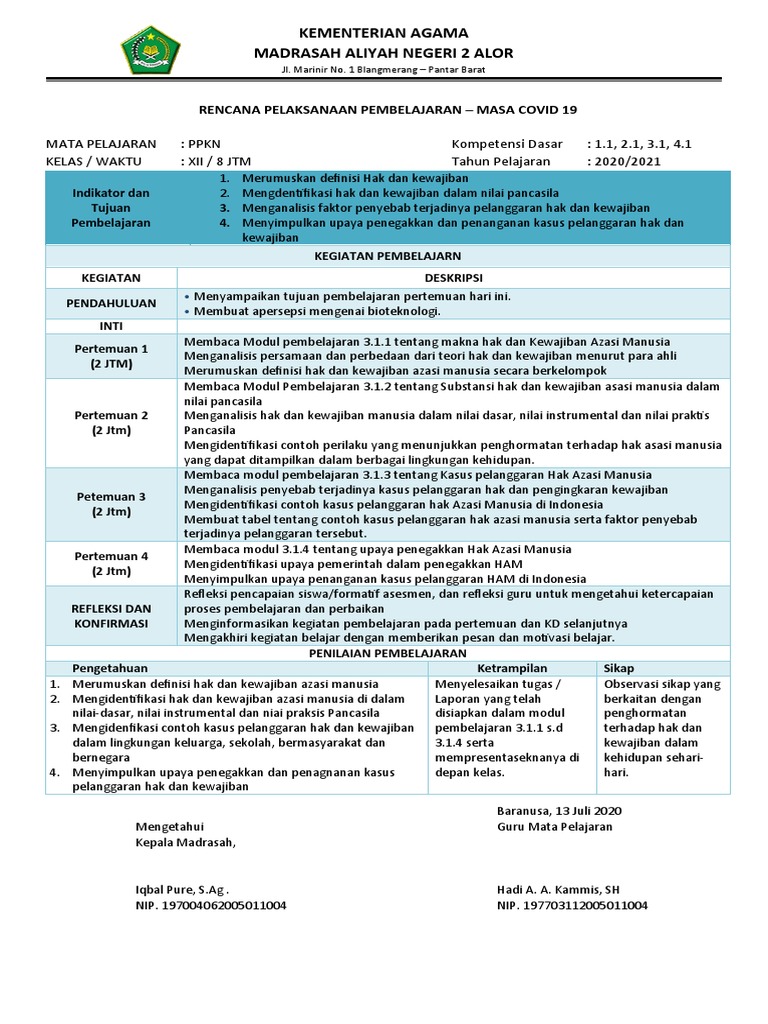RPP PPKN Xii - 1 Lembar | PDF