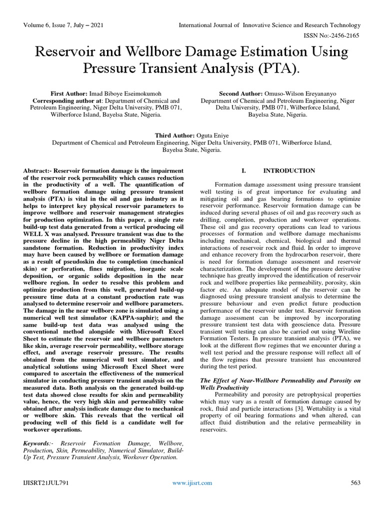 Reservoir and Wellbore Damage Estimation Using Pressure Transient Analysis (PTA) . | PDF ...
