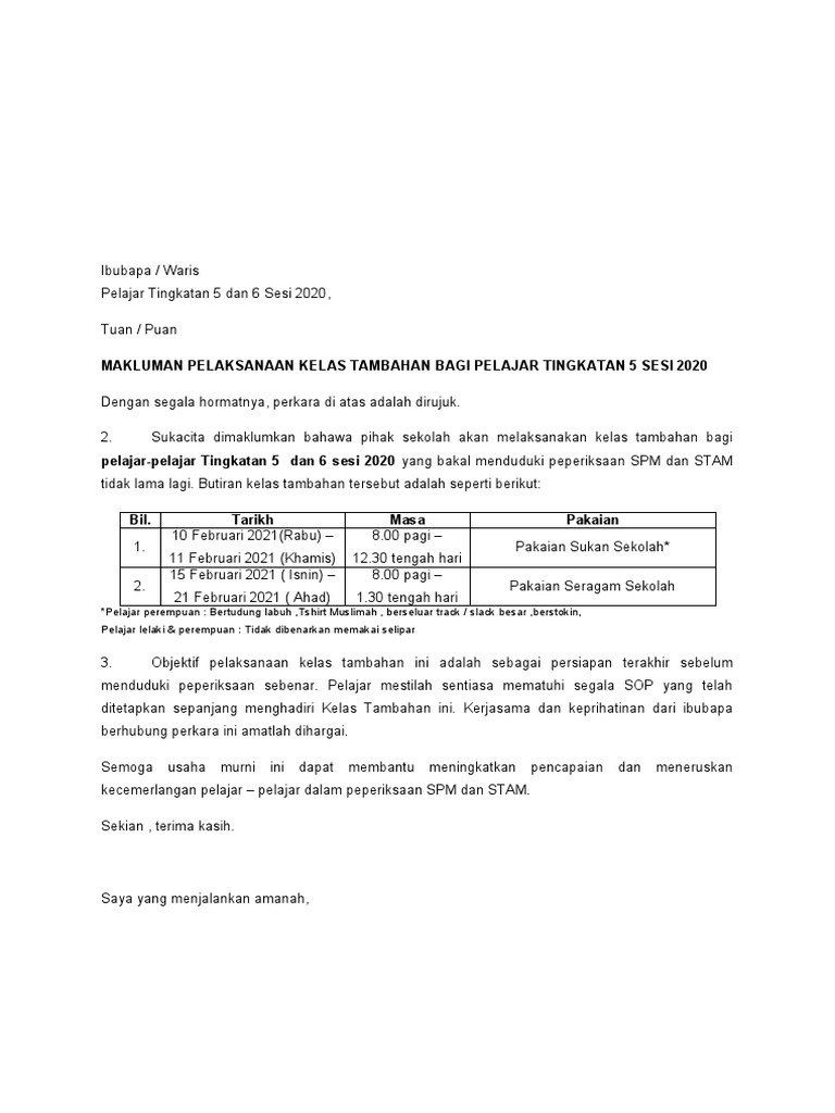 Surat Kelas Tambahan SPM | PDF