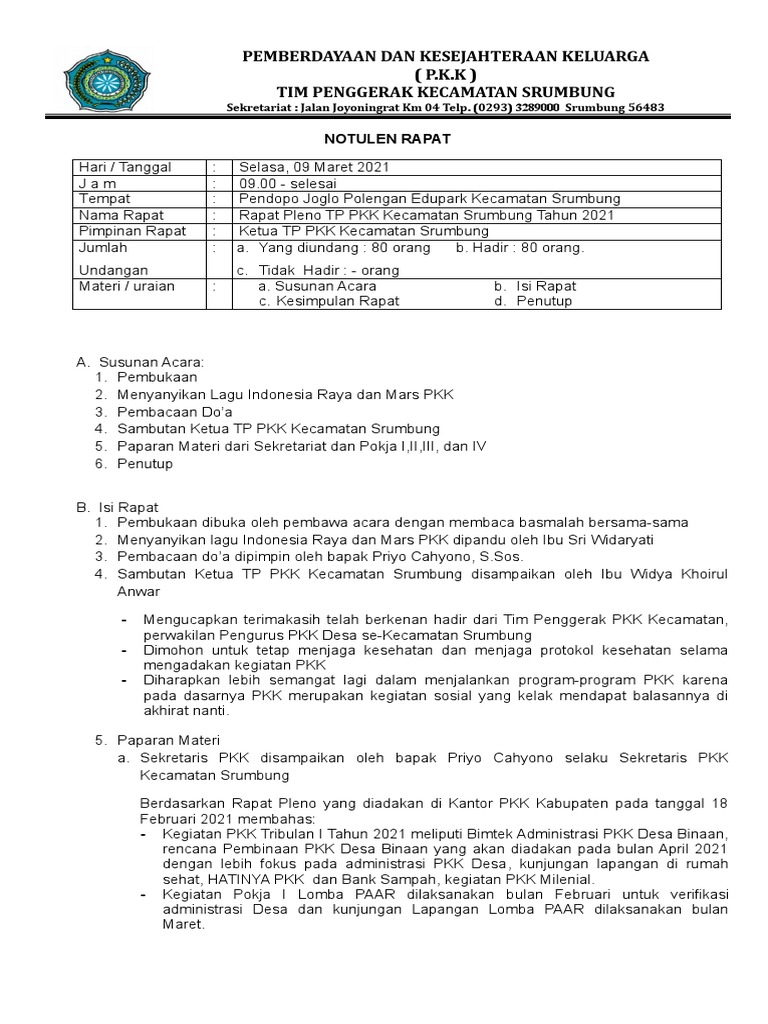NOTULEN RAPAT PKK 09 Maret 02 | PDF