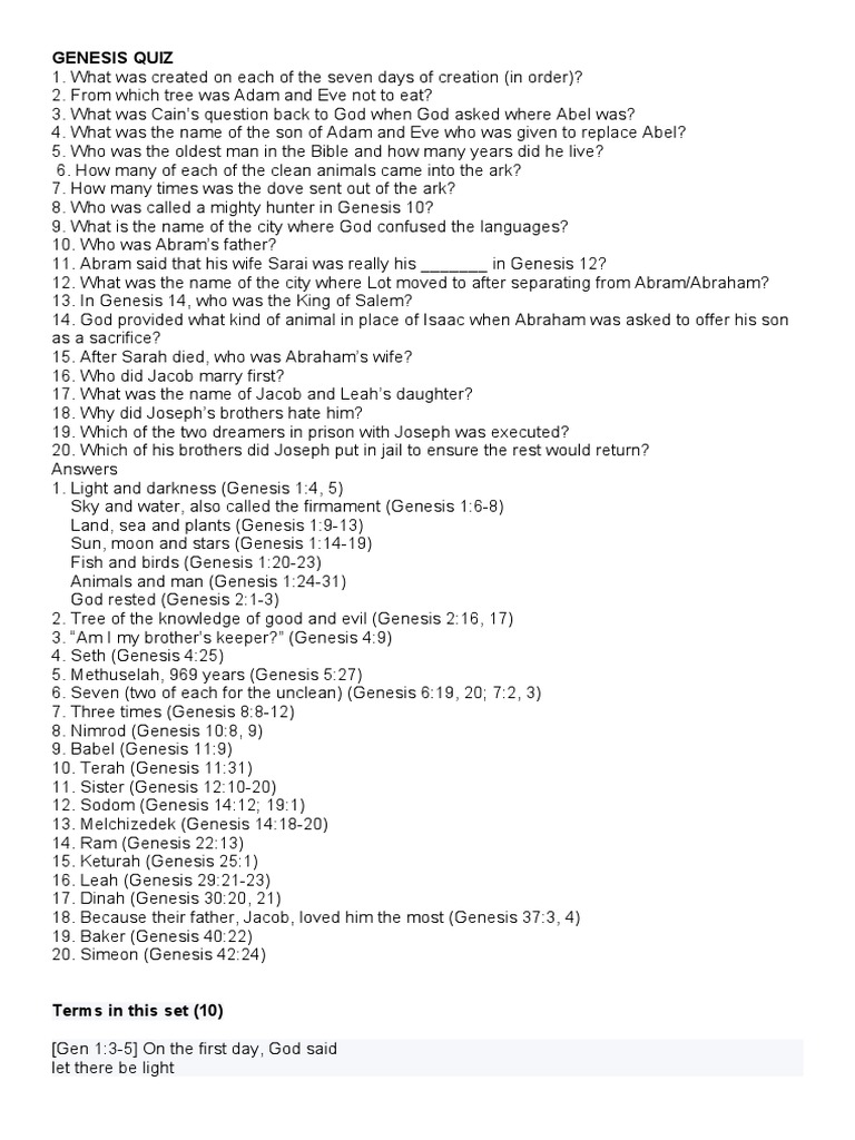 Genesis Quiz | PDF | Abraham | Cain And Abel