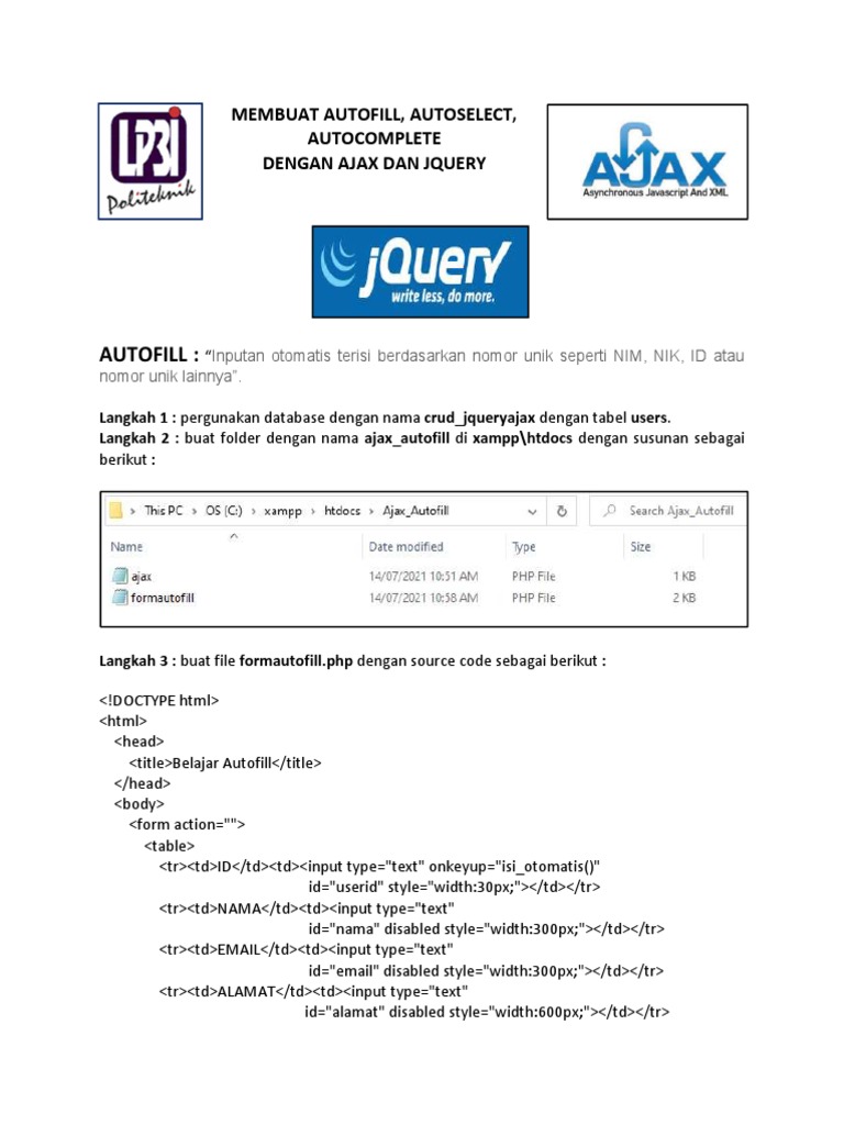 Membuat Autofill Autocomplete Dan Autoselected Dengan Ajax Jquery | PDF Membuat Autofill Autocomplete Dan Autoselected Dengan Ajax Jquery | PDF