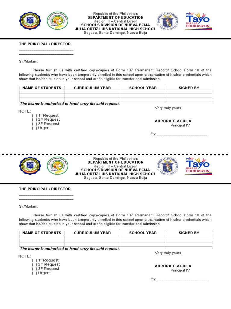 SF10 - ForM137 Request Form | PDF | Further Education