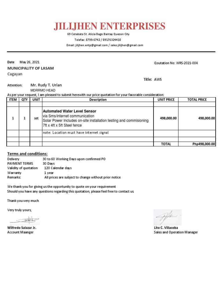 Water Level Monitoring Quotation MUNICIPALITY OF LASAM | PDF