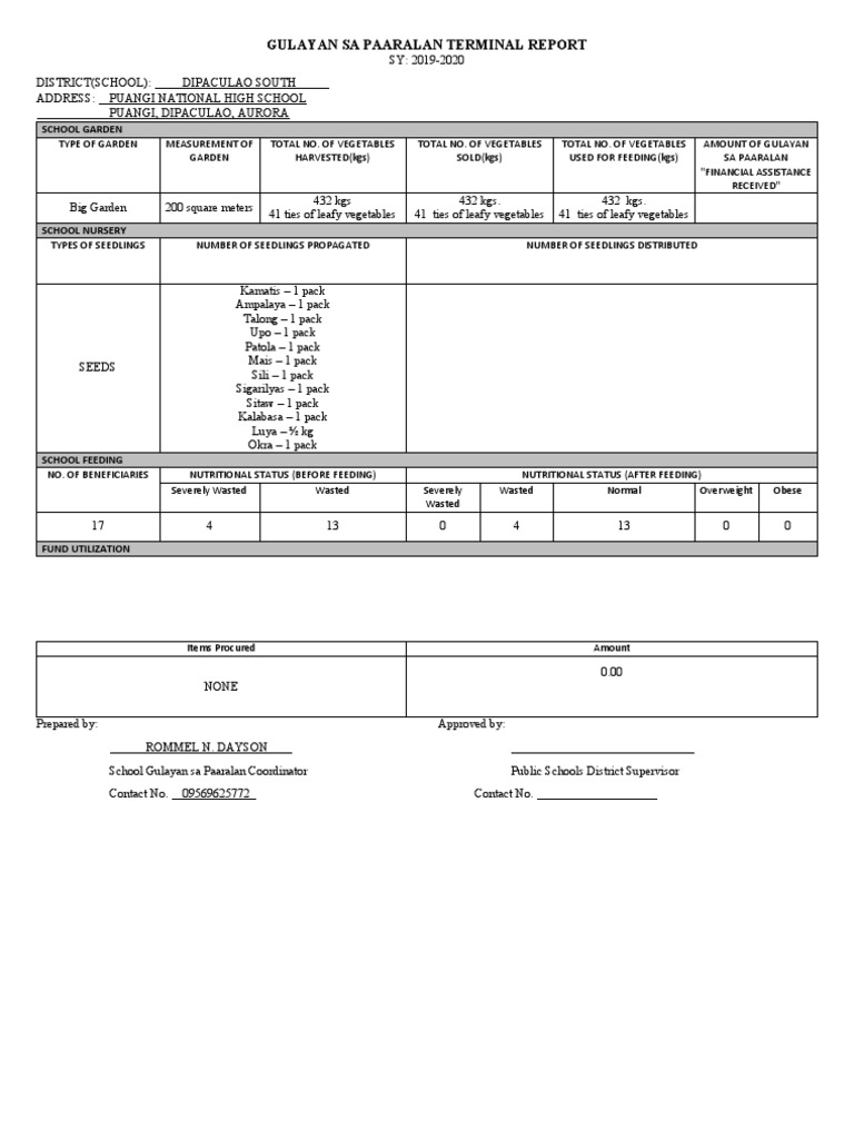 Gulayan sa Paaralan Terminal Report 2019-2020 | PDF | Determinants Of ...