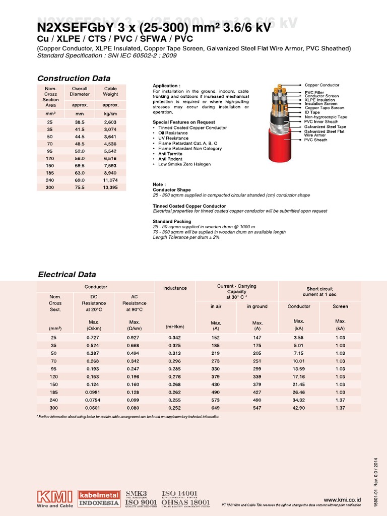 N2Xsefgby 3 X (25-300) MM 3.6/6 KV: Cu / Xlpe / Cts / PVC / Sfwa / PVC | PDF | Electrical ...