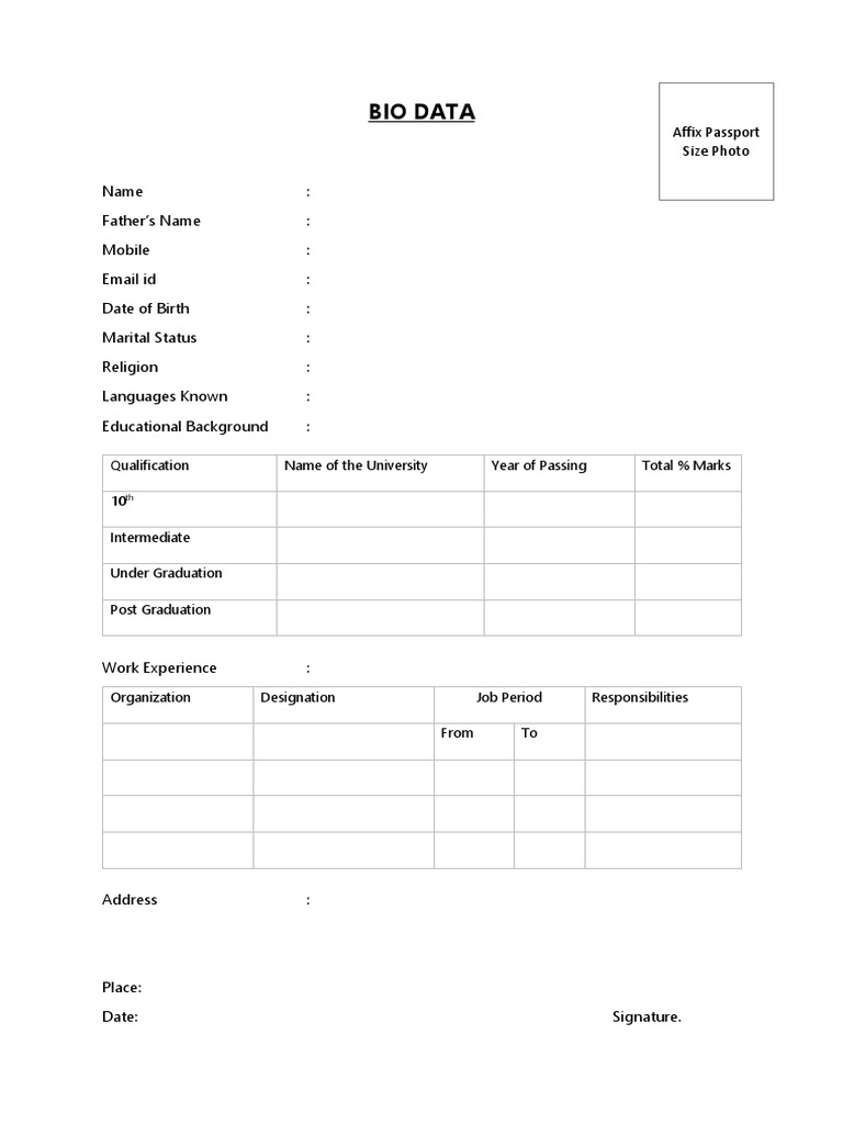 Bio Data: Affix Passport Size Photo | PDF