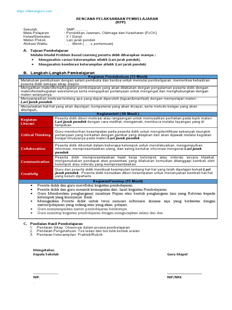 RPP PJOK Lari Jarak Pendek | PDF