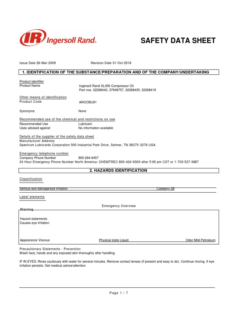 Ingersoll Rand XL300 SDS NA English | PDF | Superfund | Personal ...