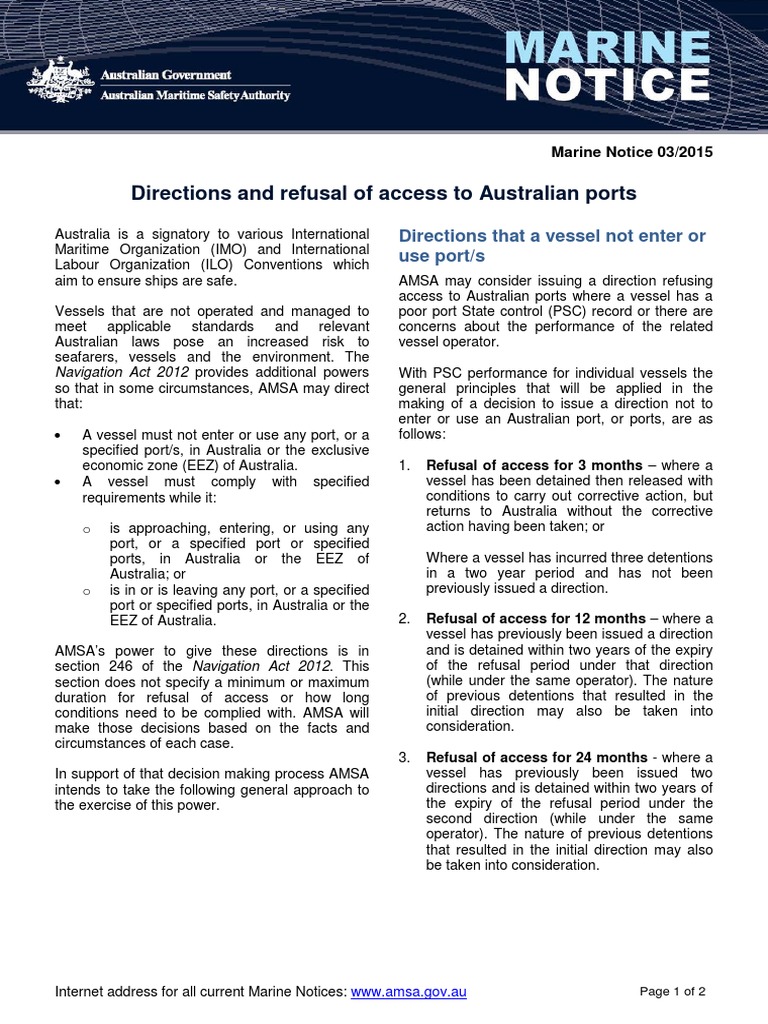 AMSA Marine Notice-Refusal of Entry | PDF | Exclusive Economic Zone ...
