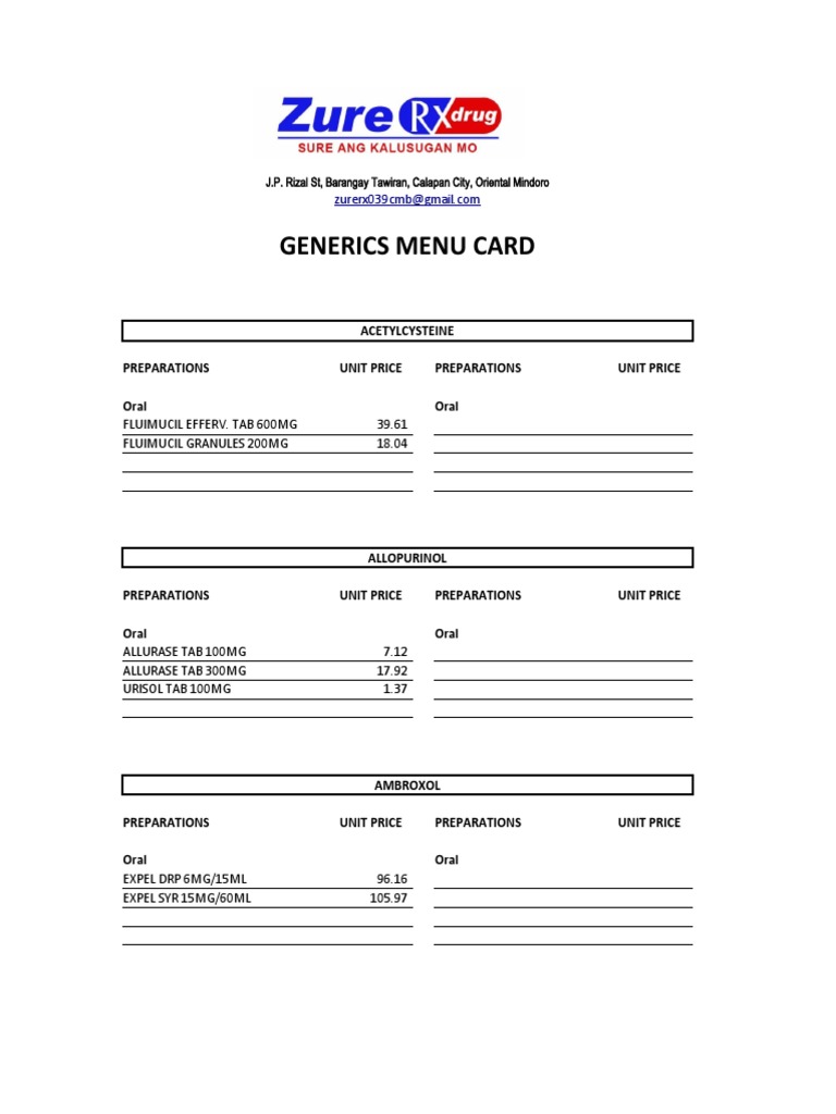 Generic Menu Card | PDF | Drugs Acting On The Nervous System ...