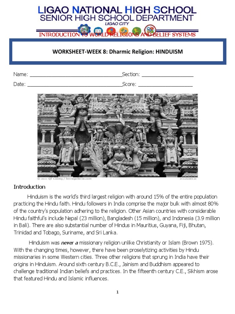 WORKSHEET-WEEK 8: Dharmic Religion: HINDUISM: Introduction To World ...