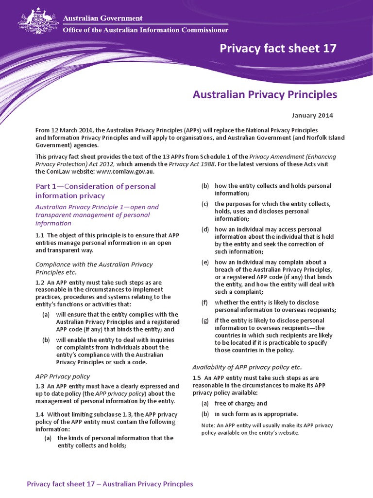 Australian Privacy Principles (OAIC) | Download Free PDF | Privacy ...