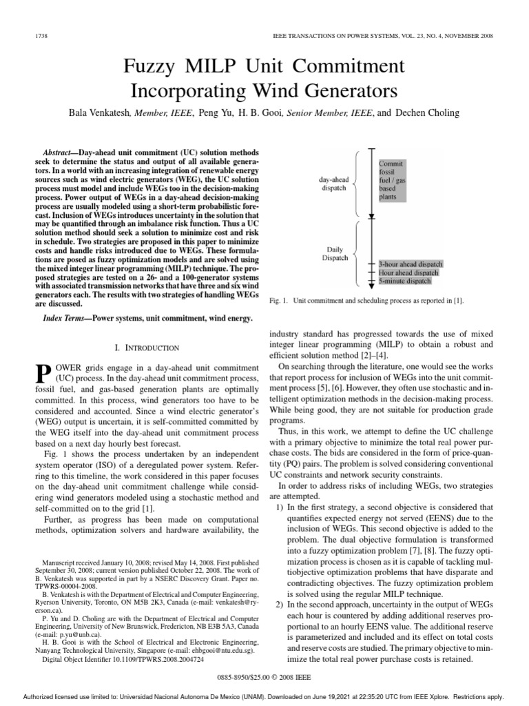 Fuzzy Milp Unit Commitment Incorporating Wind Generators Pdf Mathematical Optimization