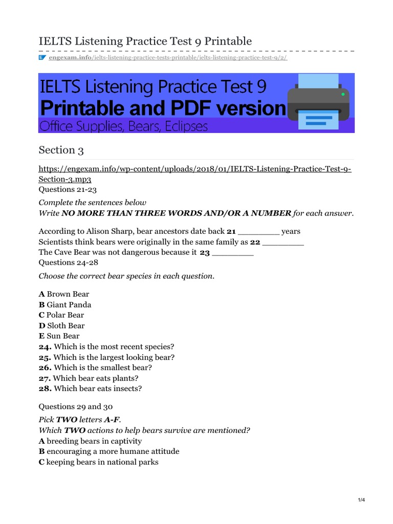 Engexam Info Ielts Listening Practice Test 9 Printable Pdf Bears