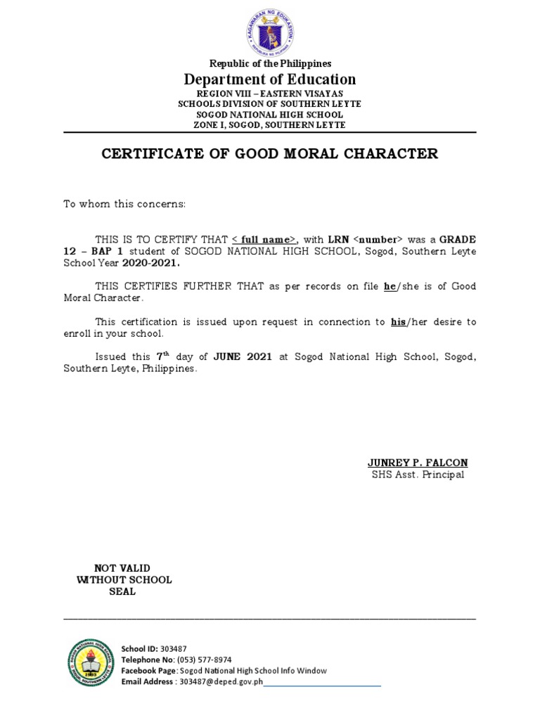 Department of Education: Certificate of Good Moral Character | PDF