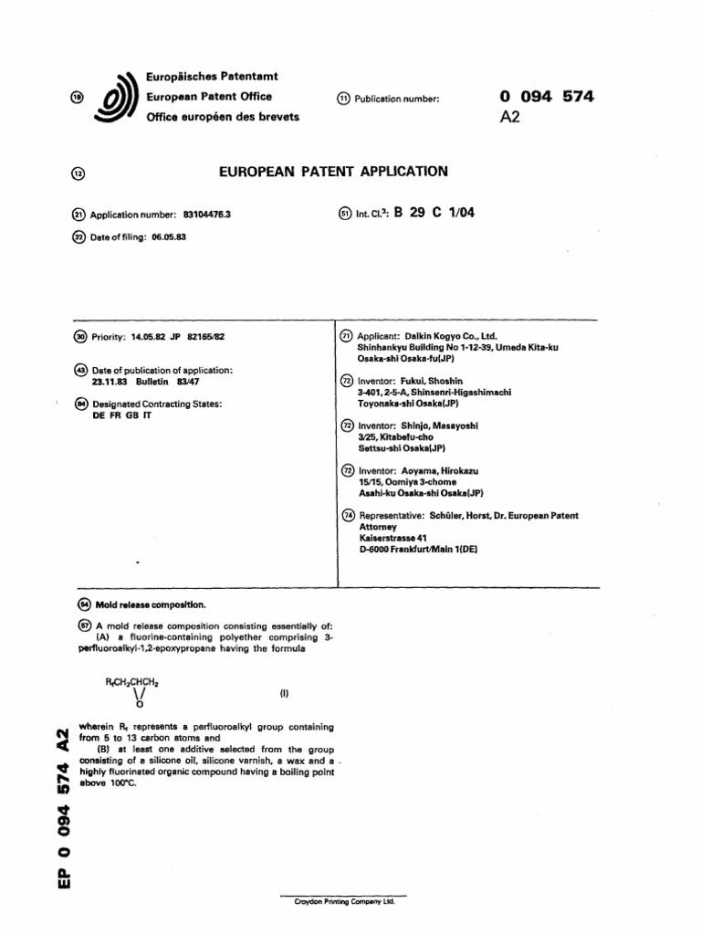 Mold Release Composition - European Patent Office - EP 0094574 A2 | PDF ...