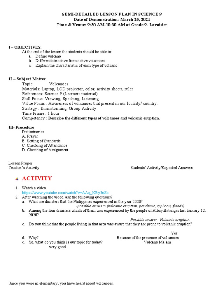 Grade 9 Volcanoes Lesson Plan | PDF | Volcano | Lava