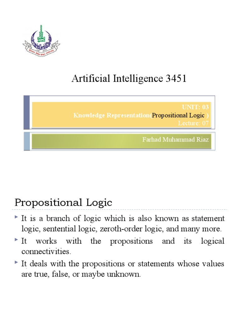 Artificial Intelligence 3451: UNIT: 03 Knowledge Representation | PDF | If And Only If | Logical ...