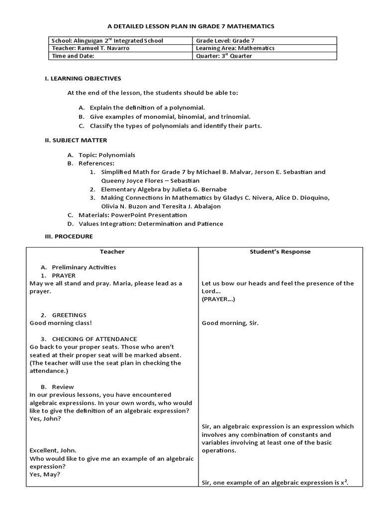 A Detailed Lesson Plan in Grade 7 Mathematics | PDF | Polynomial ...
