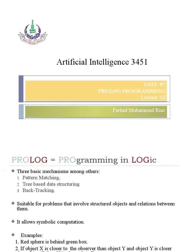 Artificial Intelligence 3451: UNIT: 07 Prolog Programming | PDF | Logic | Reason