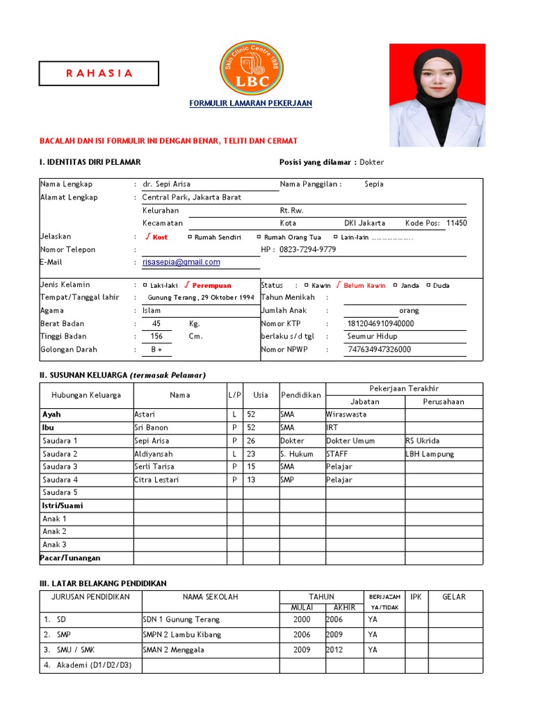 Form Identitas - Lamaran LBC | PDF