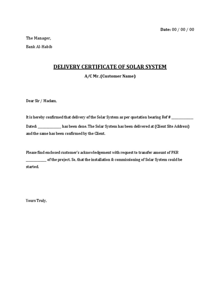 Solar System Delivery Certificate | PDF
