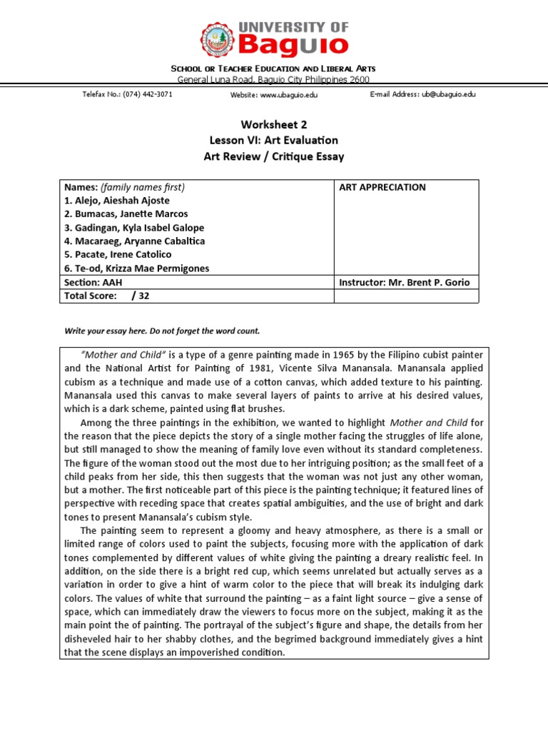 Worksheet 2 Lesson VI: Art Evaluation Art Review / Critique Essay | PDF ...