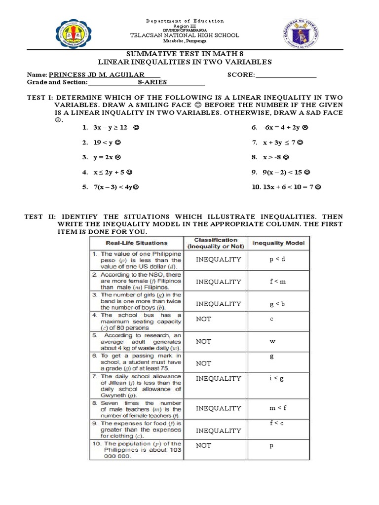 Summative Test in Math 8 Linear Inequalities in Two Variables | PDF