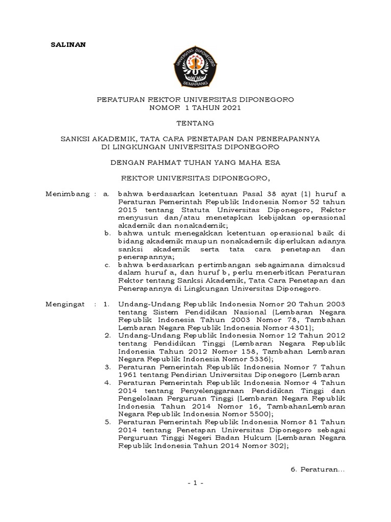 Peraturan Rektor Nomor 1 Tahun 2021 Tentang Sanksi Akademik, Tata Cara ...