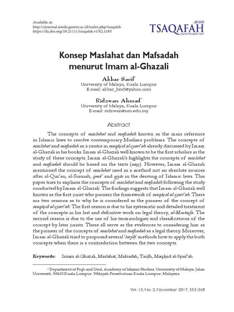 Konsep Maslahat Dan Mafsadah Menurut Imam Al-Ghazali: Akbar Sarif | PDF ...