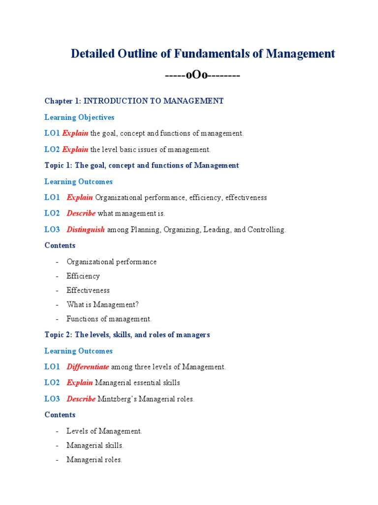 Detailed Outline of Fundamentals of Management: Chapter 1: Introduction ...