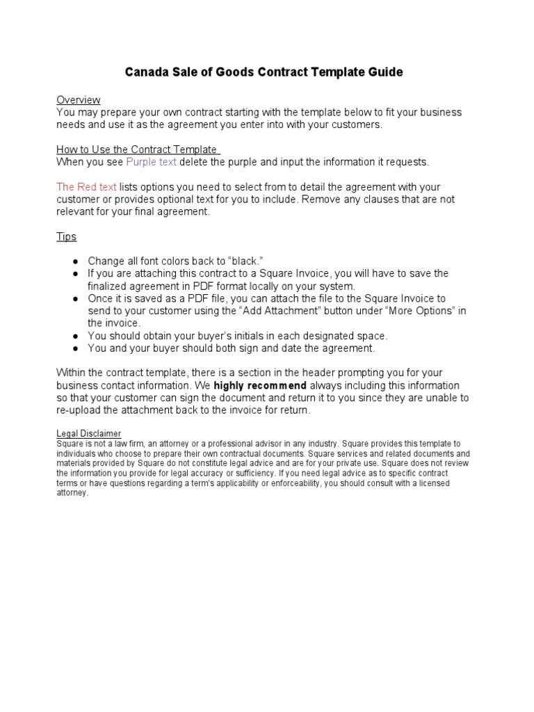 Canada Sale of Goods Contract Template Guide: Purple Text | PDF | Sales ...