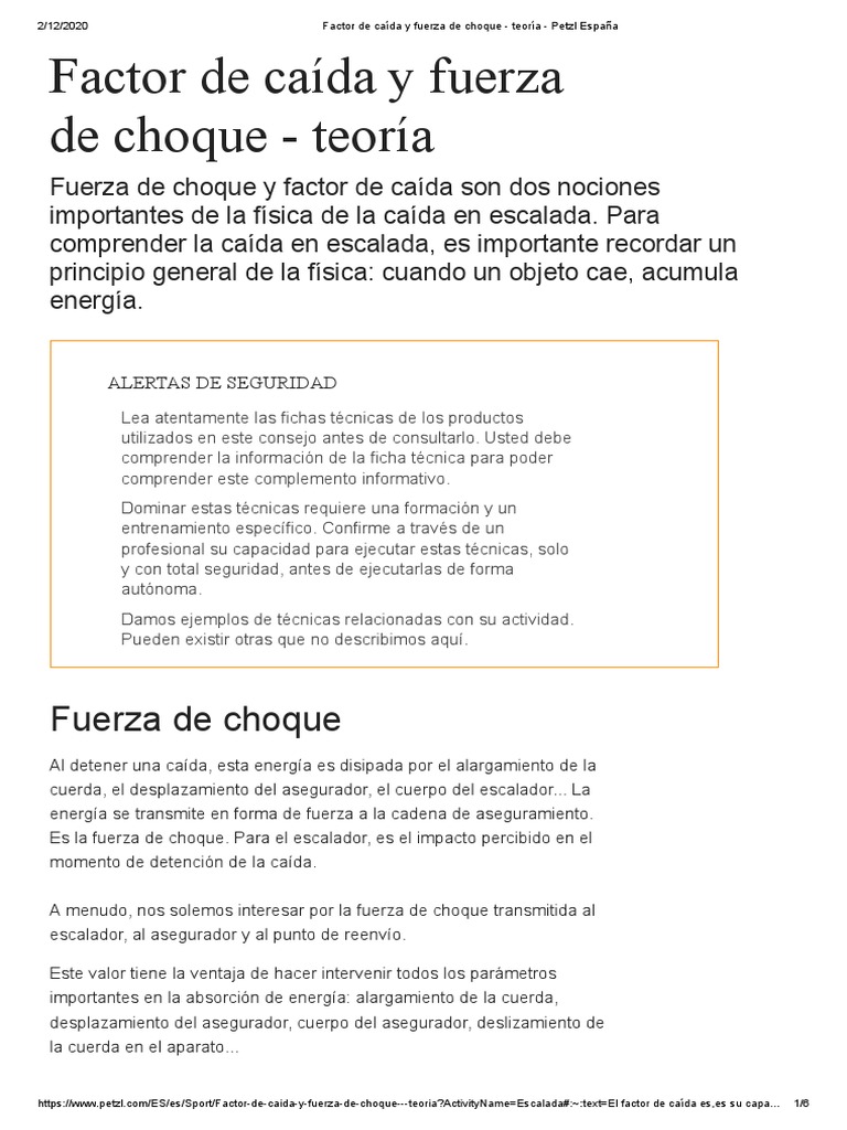 Factor de Caída y Fuerza de Choque - Teoría - Petzl España | PDF ...