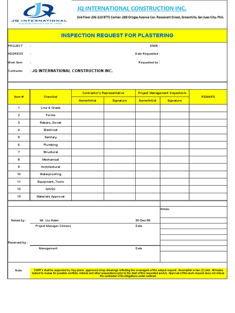 Inspection Request For Plastering: JQ International Construction Inc | PDF