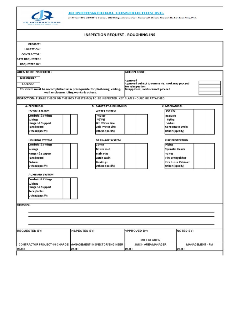 Inspection Request - Roughing-Ins | PDF | Electrical Wiring | Plumbing