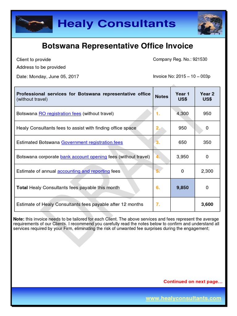 Draft Invoice Botswana Rep Office | PDF | Invoice | Receipt
