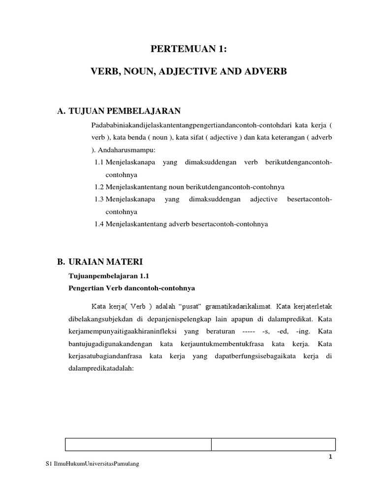 Pertemuan 1 Verb Noun Adjective And Adverb Pdf Perfect Grammar