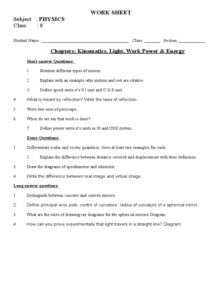 8th Grade Physics Worksheet: Motion & Light | PDF