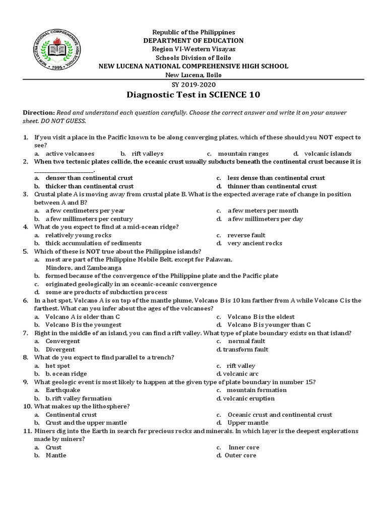 Diagnostic Test Science 10 | PDF | Plate Tectonics | Translation (Biology)