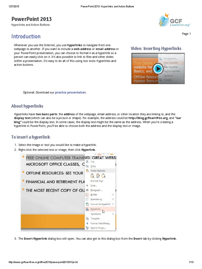 PowerPoint 2013 - Hyperlinks and Action Buttons | PDF | Hyperlink | Point And Click